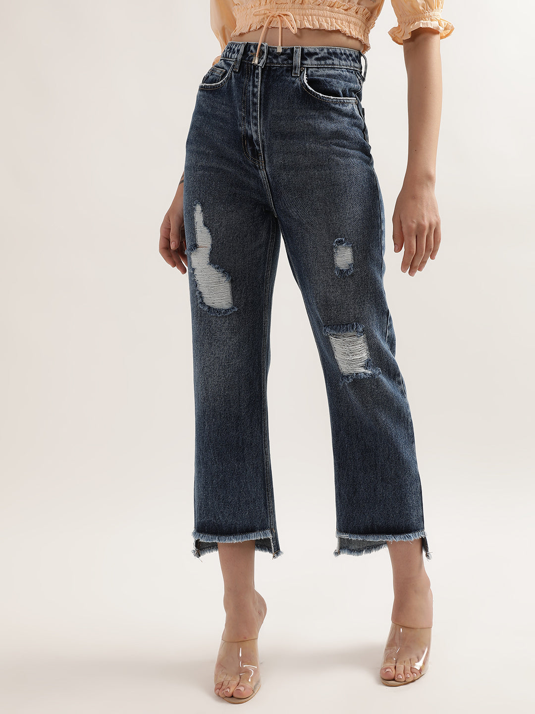Shop Elle Women Mid Blue Solid Regular Fit Jeans Online – Iconic India
