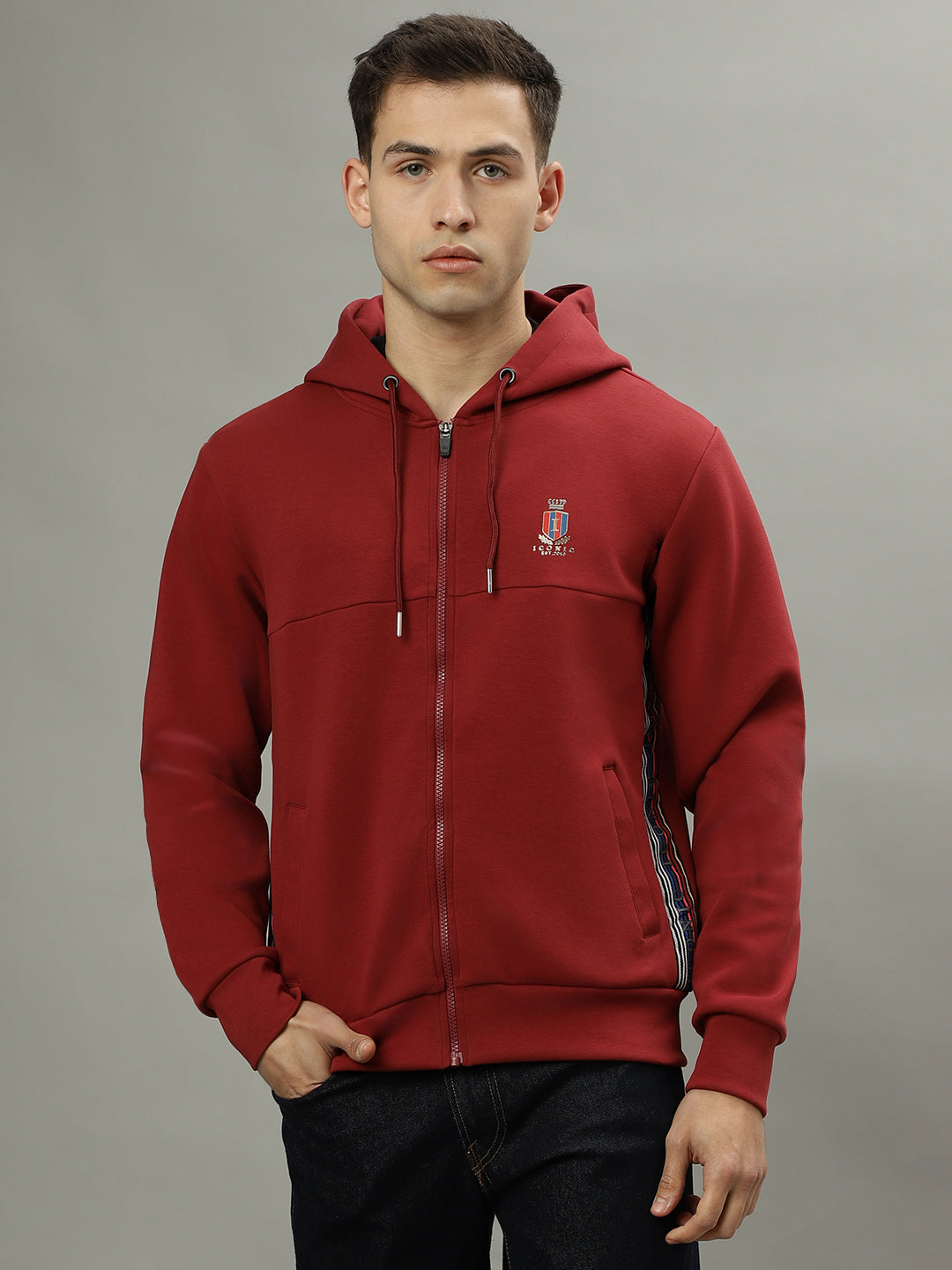 Shop Iconic Men Red Solid Hooded Full Sleeves Jacket Online – Iconic India