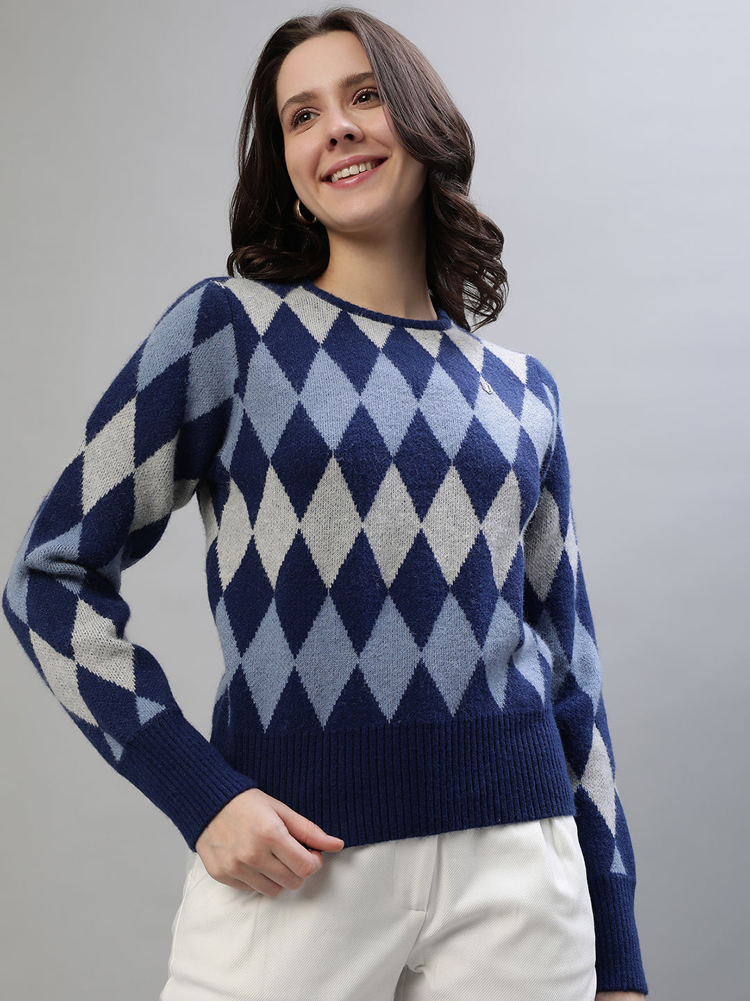 Shop Iconic Women Blue Printed Round Neck Full Sleeves Sweater Online ...