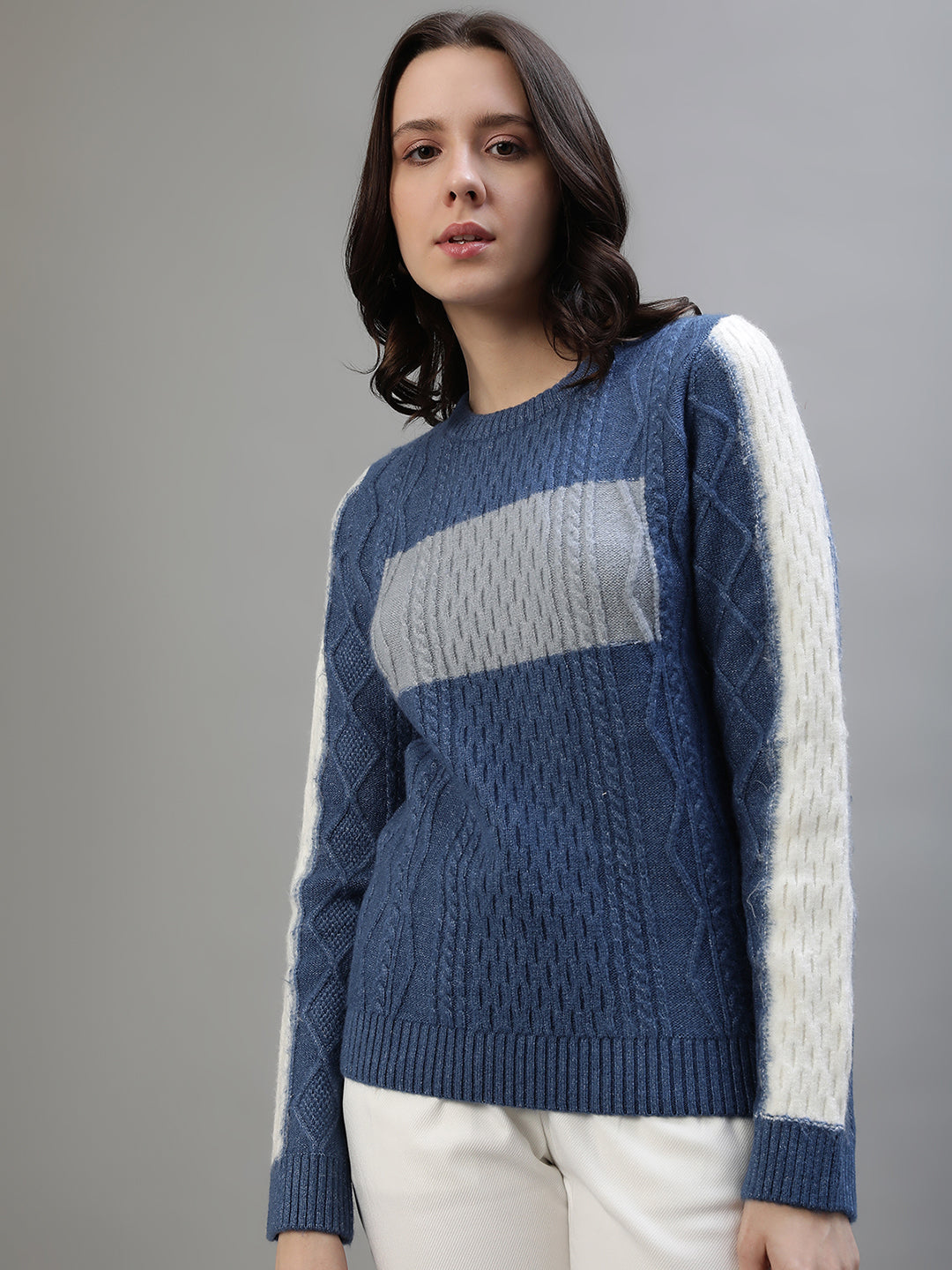 Shop Iconic Women Blue Colorblocked Round Neck Full Sleeves Sweater ...