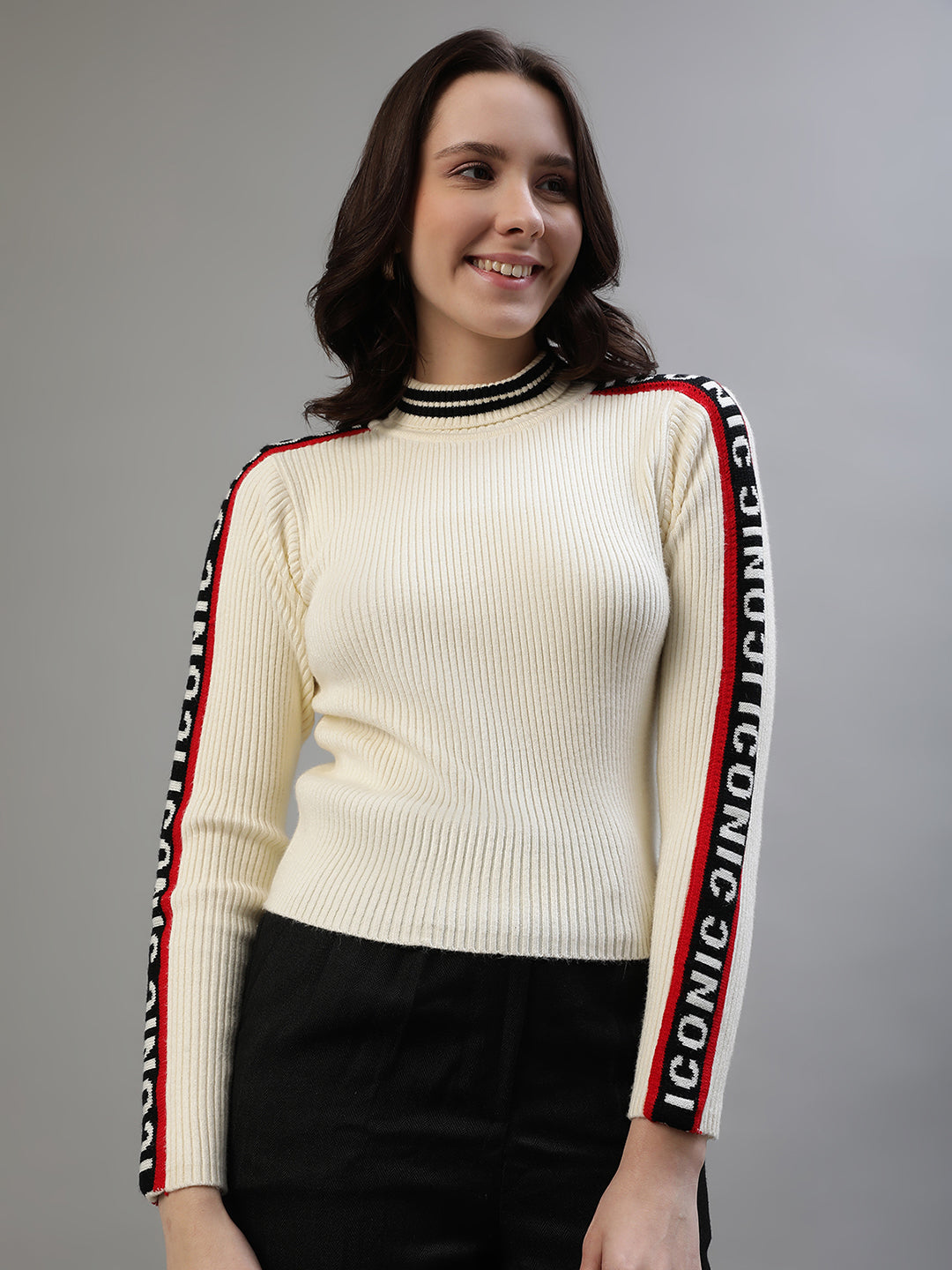 Shop Iconic Women Cream Solid Turtle Neck Full Sleeves Sweater Online ...