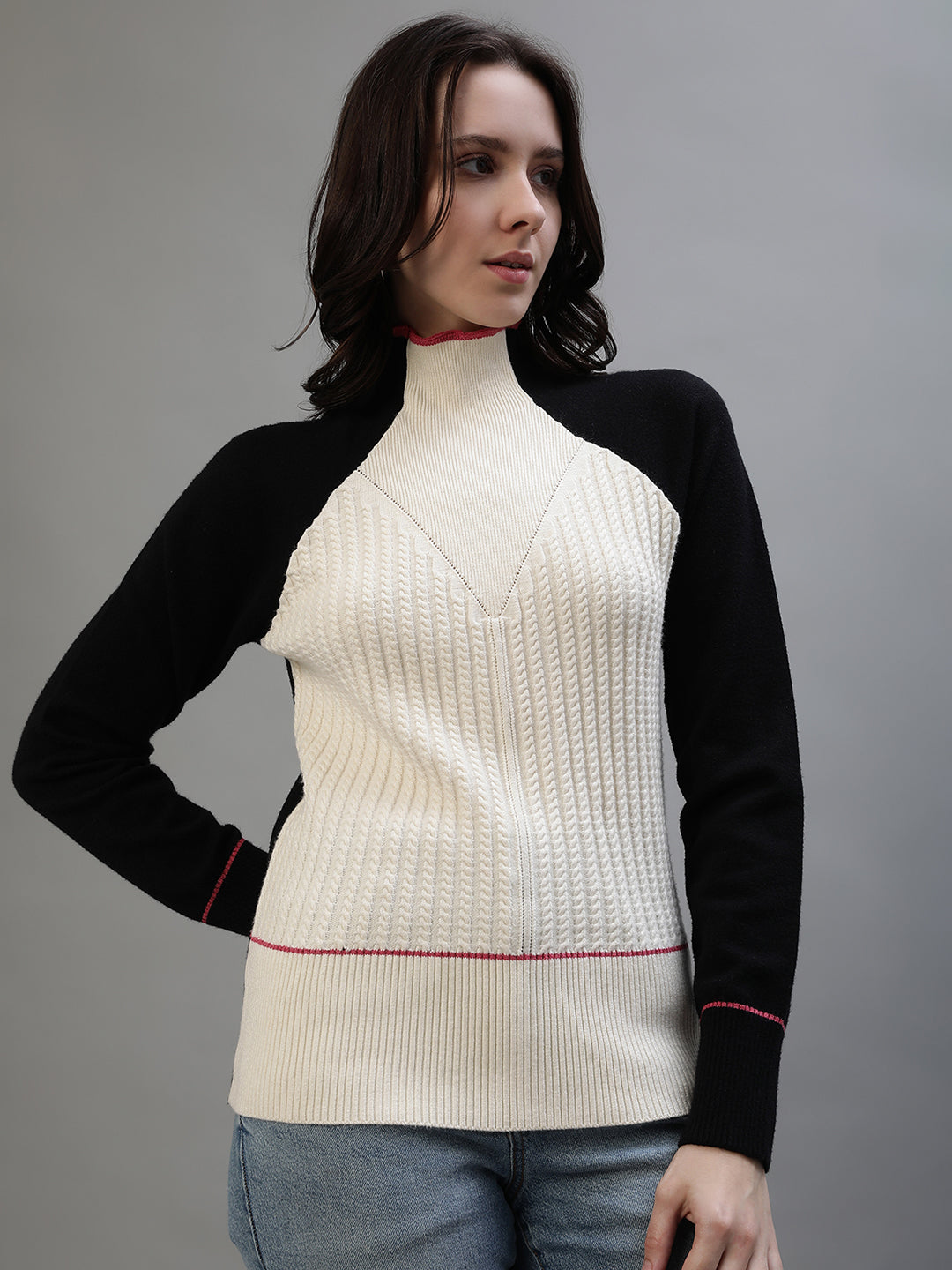 Shop Iconic Women Black Colorblocked High Neck Full Sleeves Sweater ...