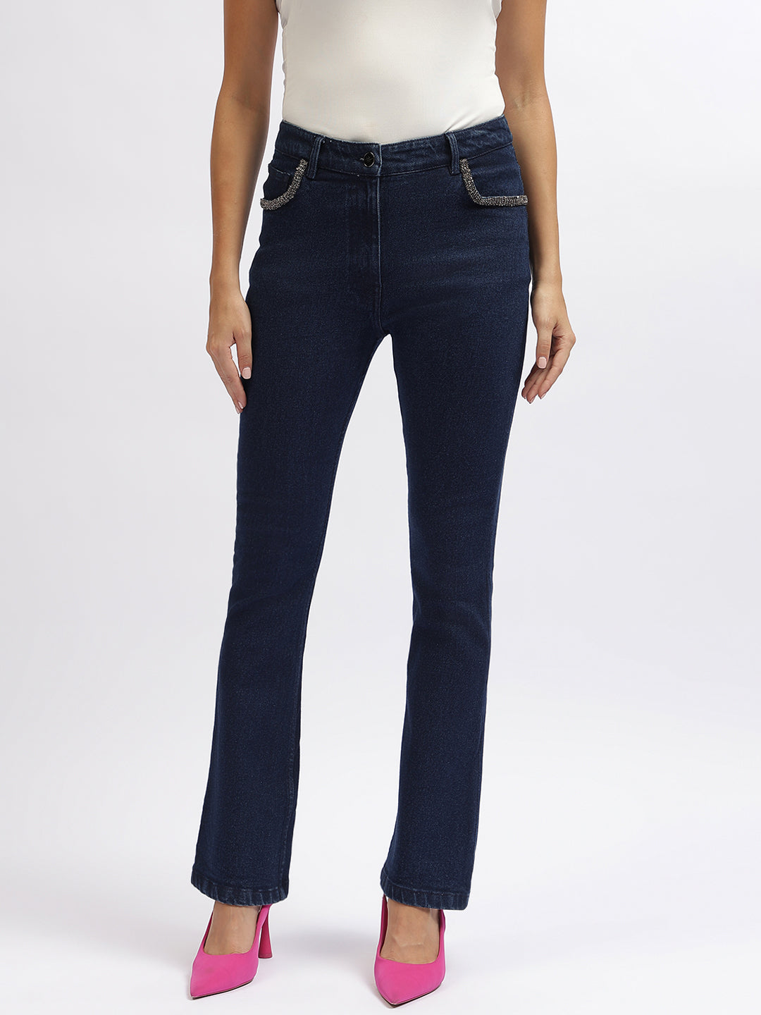 Shop Centre Stage Women Blue Embellished Boot Cut Jeans Online – Iconic ...