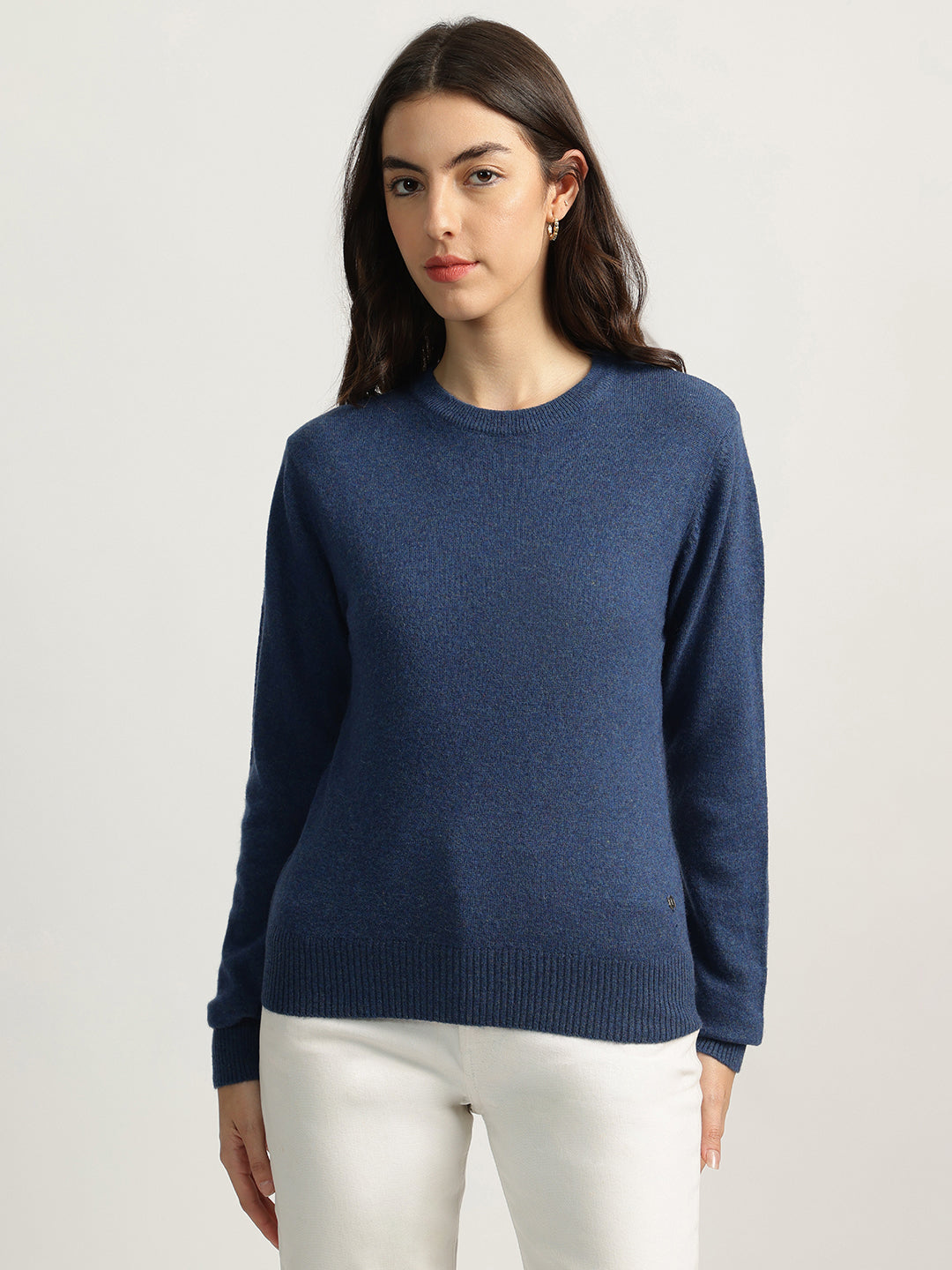 Shop Iconic Women Blue Solid Round Neck Full Sleeves Sweater Online ...