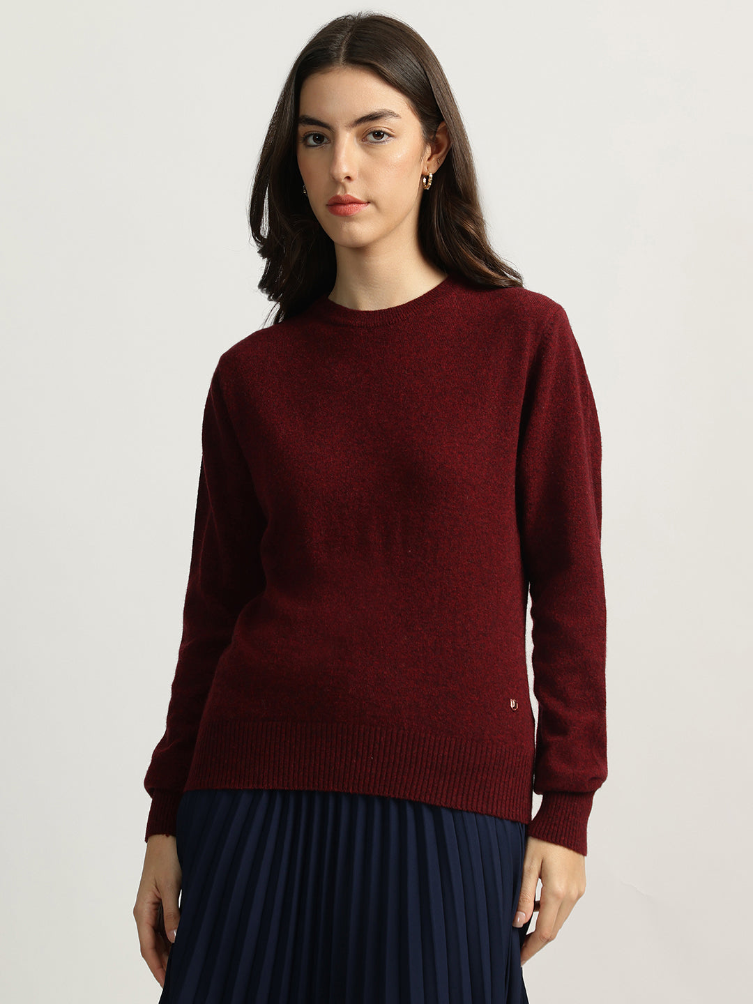 Shop Iconic Women Wine Solid Round Neck Full Sleeves Sweater Online ...