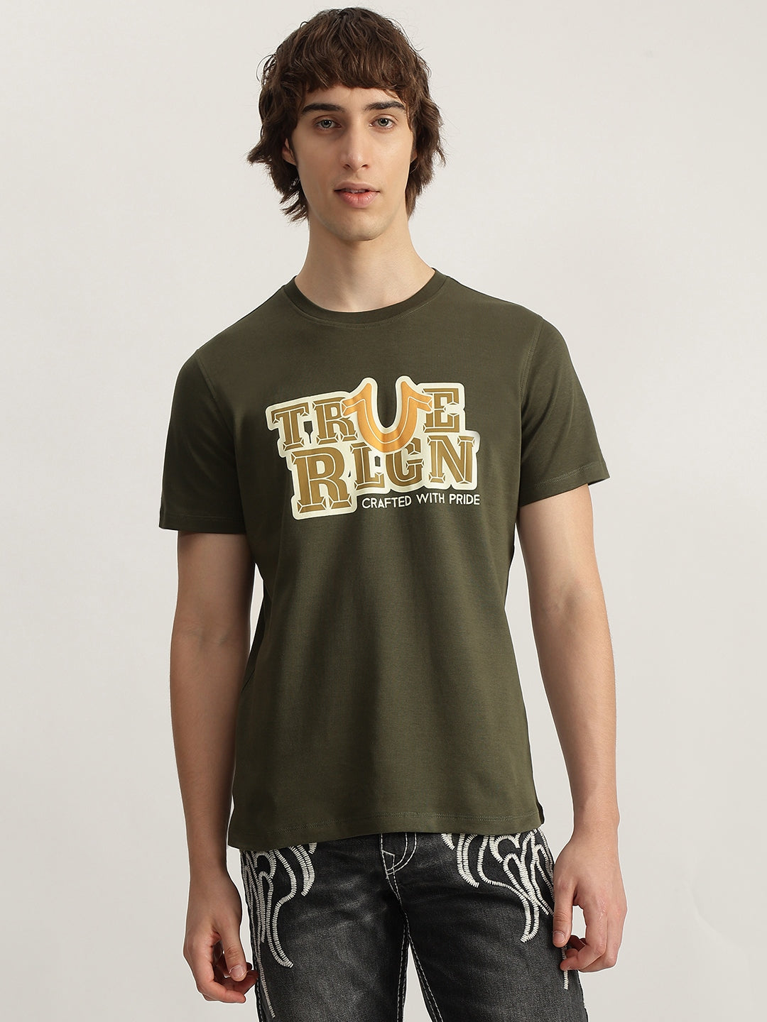 Shop True Religion Men Olive Printed Round Neck Short Sleeves T-Shirt ...
