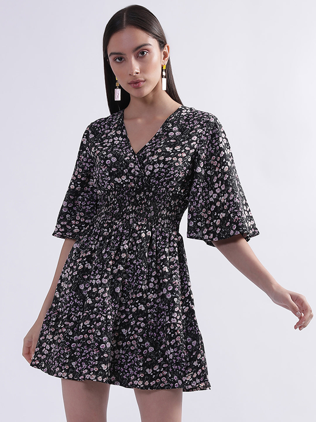 Shop Elle Women Black Printed V Neck Dress Online – Iconic India