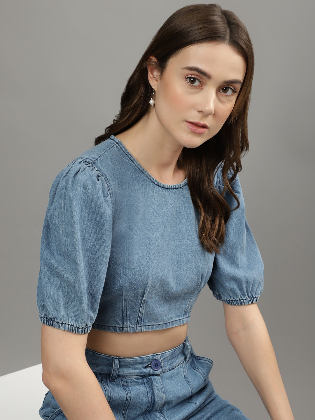 Shop Iconic Women Blue Solid Round Neck Top Online – Iconic India