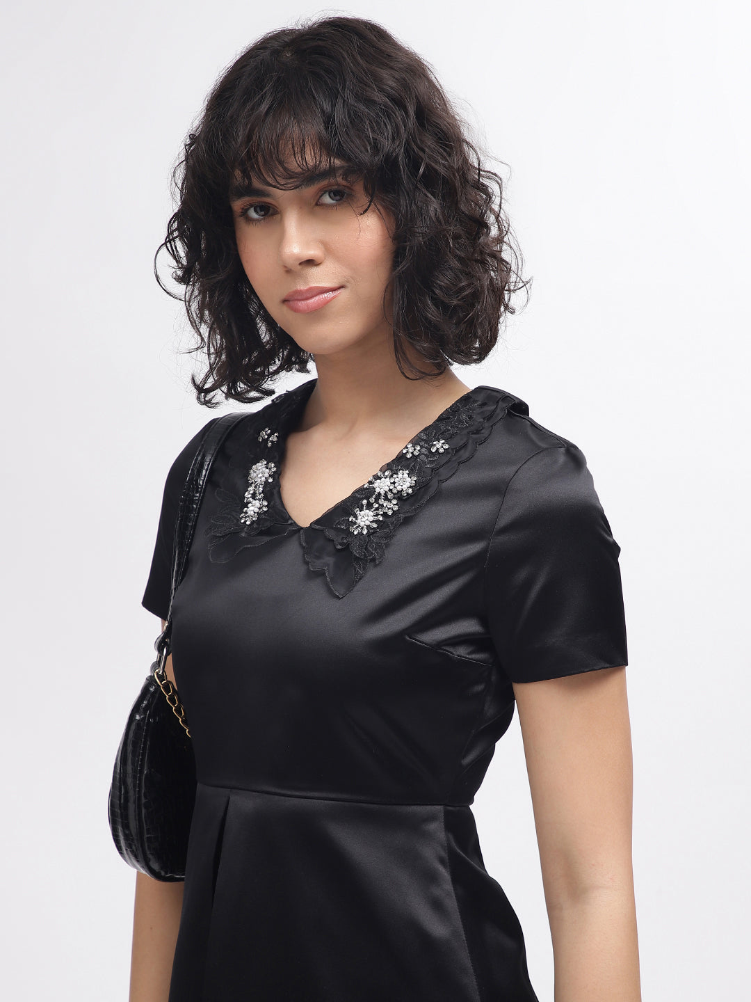 Shop Elle Women Black Solid V-Neck Short Sleeves Dress Online – Iconic ...