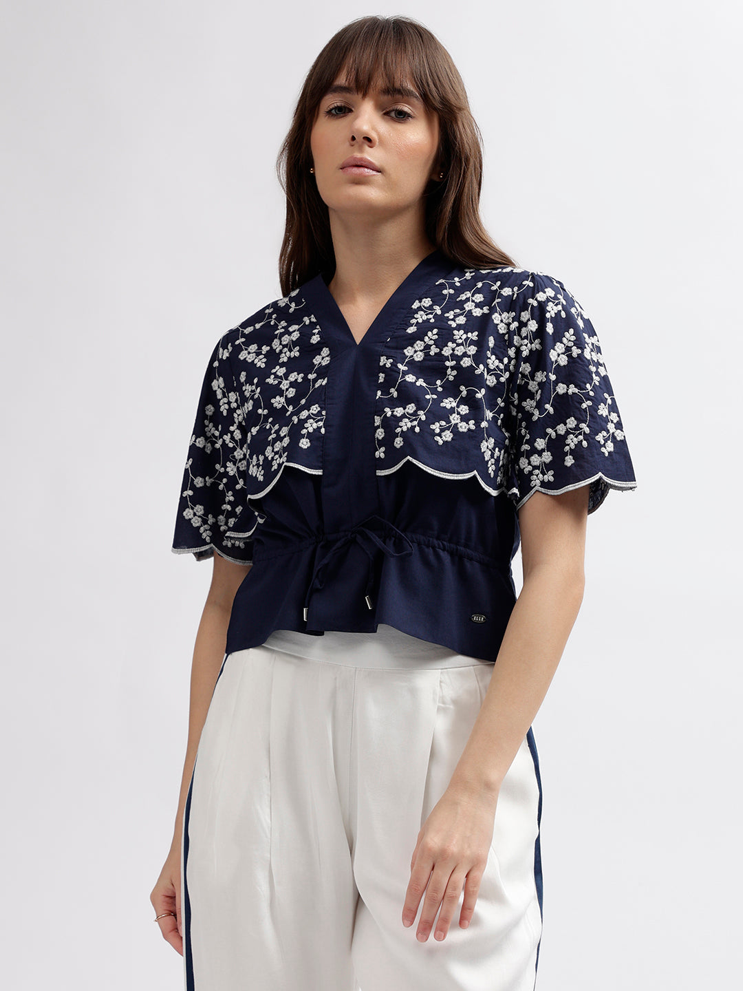 Shop Elle Women Blue Embroidered V Neck Short Sleeves Top Online ...