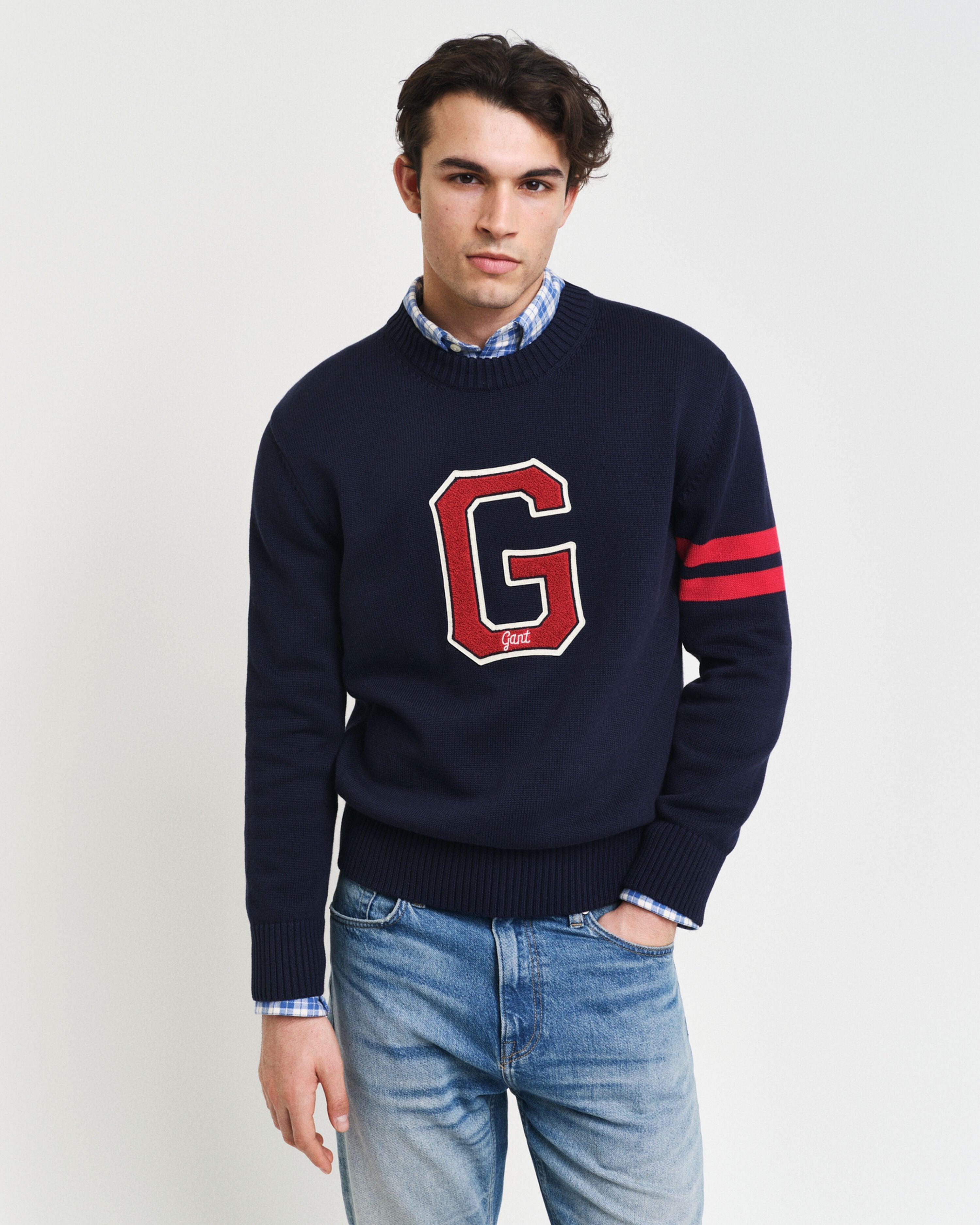 Shop Gant Men Blue Solid Round Neck Full Sleeves Pullover Style Sweater ...