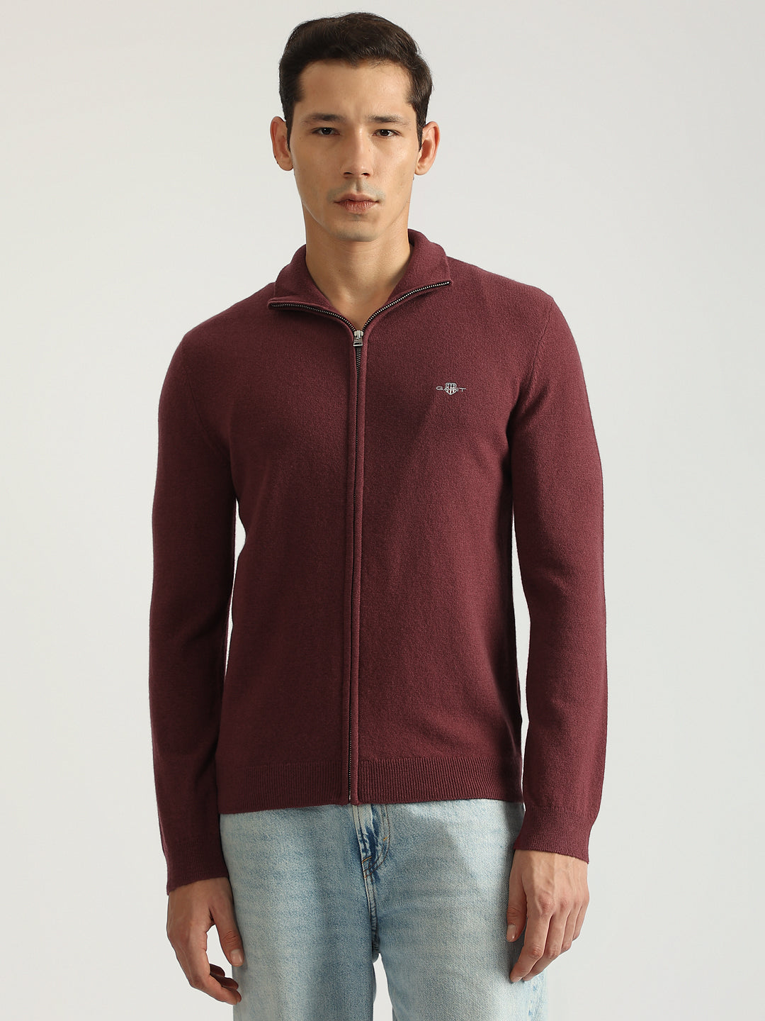 Shop Gant Men Wine Red Solid Collared Full Sleeves Cardigan Online ...