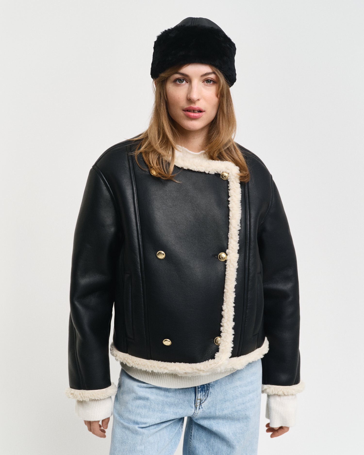 Shop Gant Women Black Solid Wrap Neck Full Sleeves Shearling Jacket ...