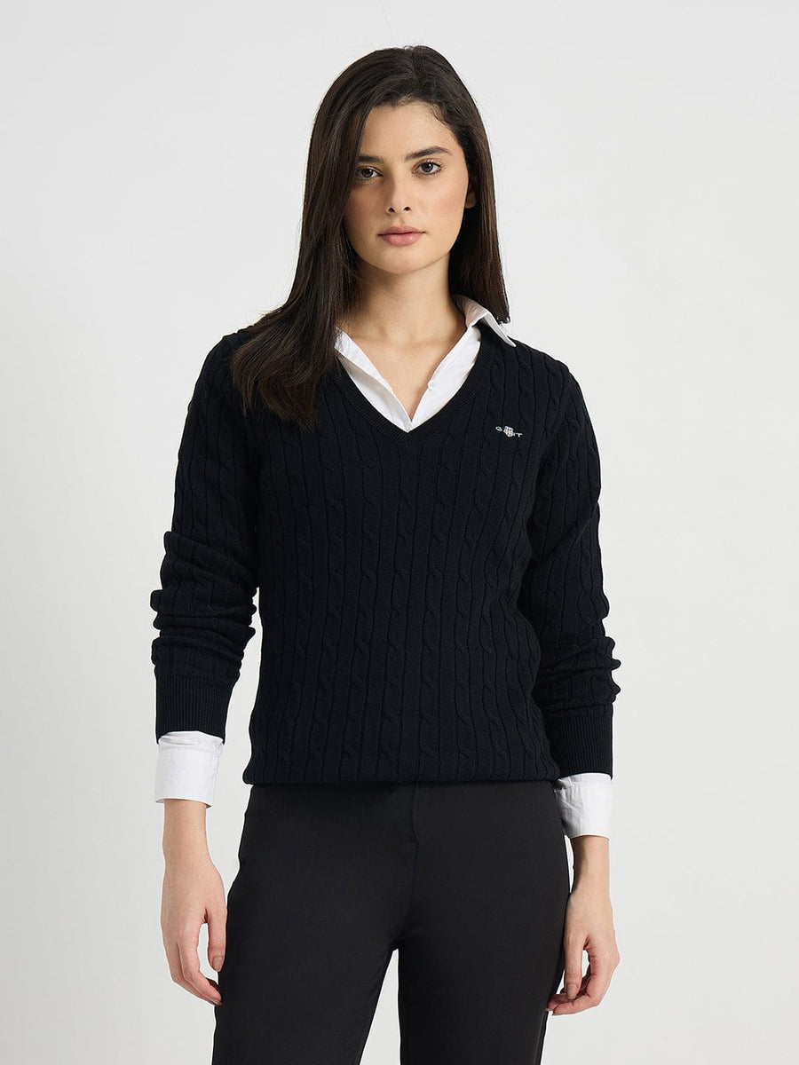 Shop GANT Women Black Textured V Neck Slim Fit Sweater – Iconic India