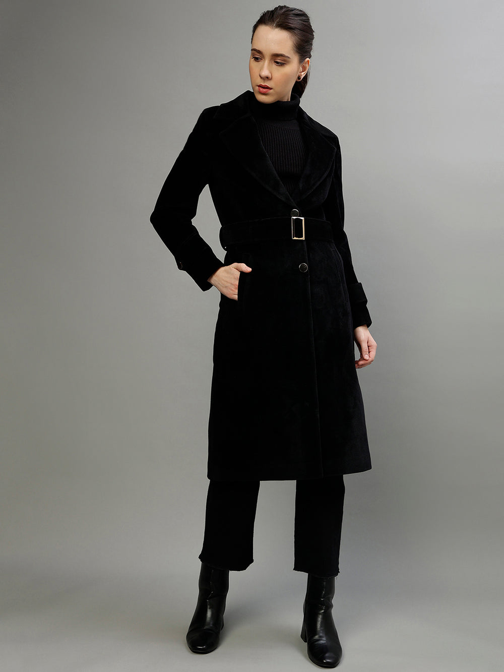 Shop Centre Stage Women Solid Notched Lapel Full Sleeves Overcoat ...