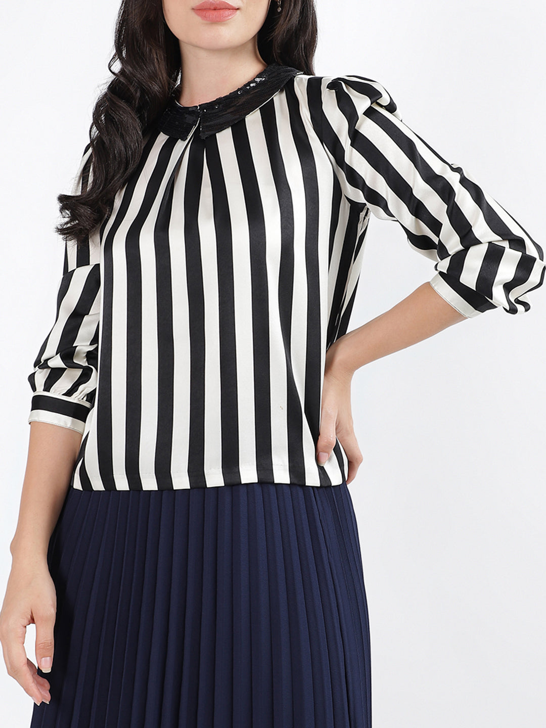 Shop Centre Stage Women Striped Peter Pan Collar Full Sleeves Top ...