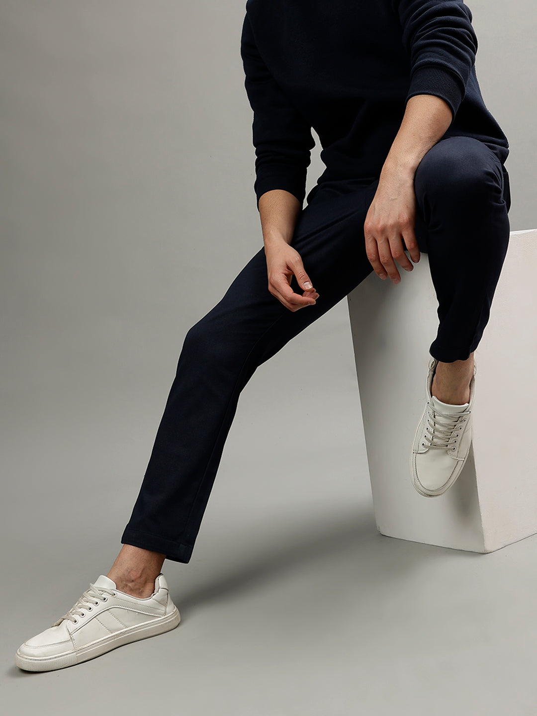 Shop Iconic Men Navy Blue Solid Mid-rise Slim Fit Regular Trouser ...