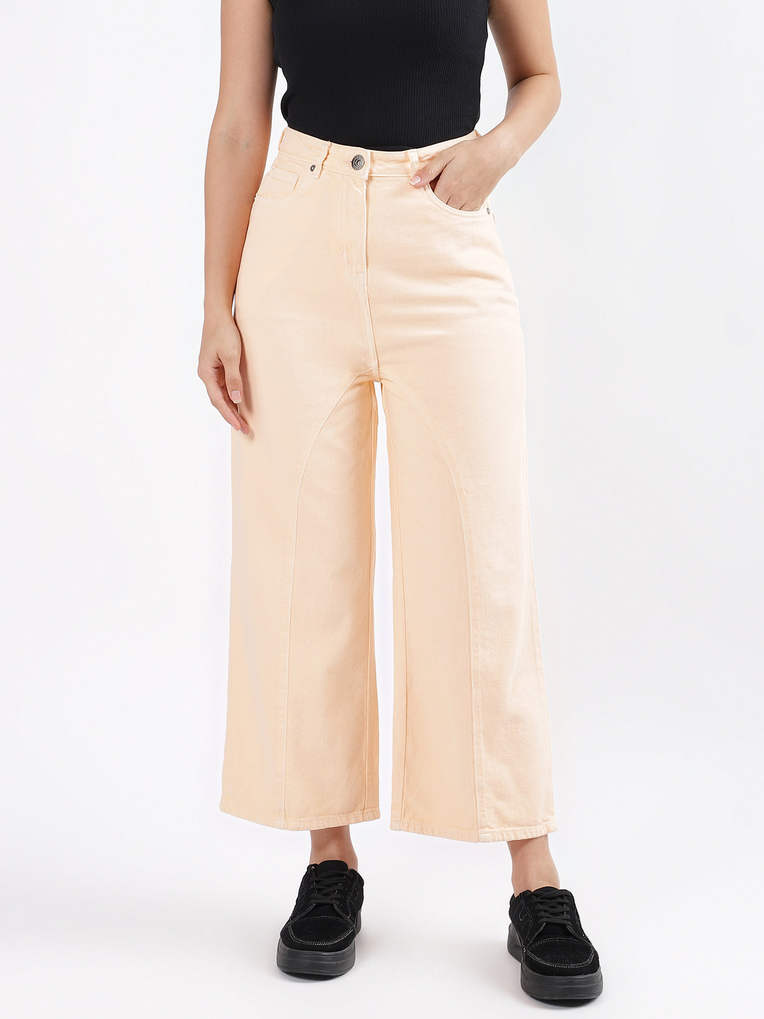 Shop Iconic Women Orange Solid Flared Jeans | ICONIC INDIA